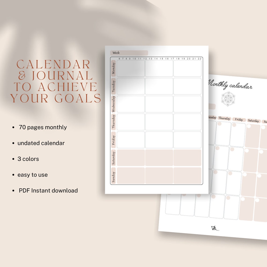 Monthly Calendar achieve Your Goals_downloadable Pdf_undated_gratitude ...