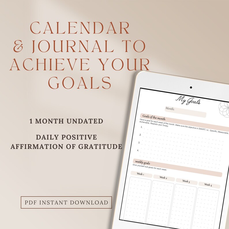 Monthly Calendar "achieve Your Goals"_downloadable Pdf_undated_gratitude Daily Journal_3 Colors ...