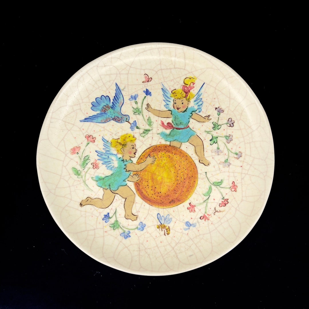 Jean Goodwin Ames orange Sprites Ceramic Art Plate - Etsy
