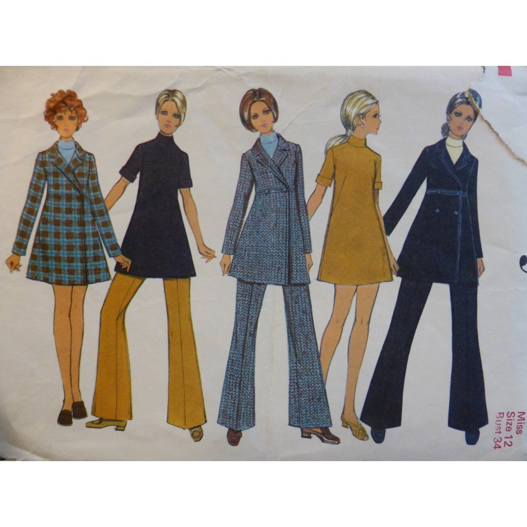 Mod High Waist Coat Pattern, High Collar Dress, Flared Pants, Mini ...