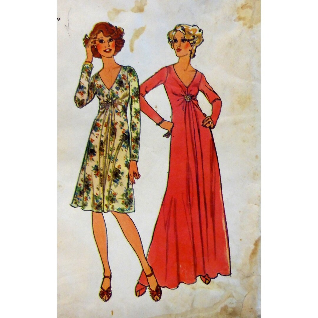 Gathered Front Dress Pattern, V Neck, Long Sleeves, Flared Skirt ...