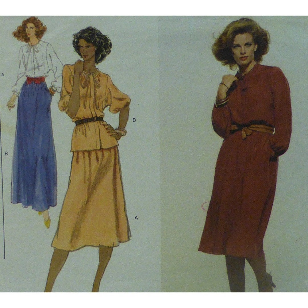 70s Calvin Klein Bow Neck Blouse Pattern, Dirndl Skirt, Hidden Button Front, Long or Elbow ...