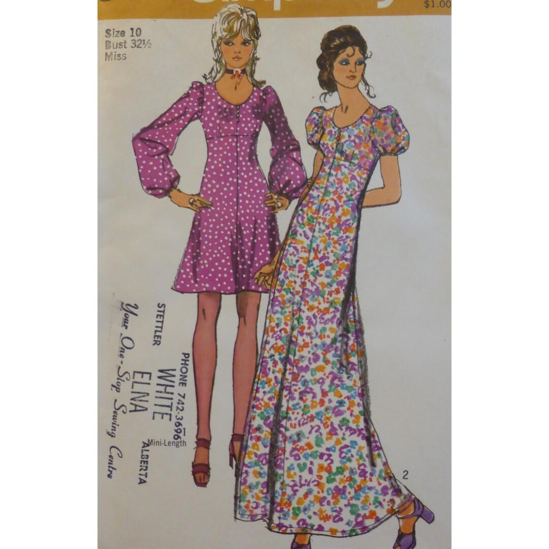 High Waist Dress Pattern, Fit and Flare, Scoop Neck, Long/ Short Puff ...