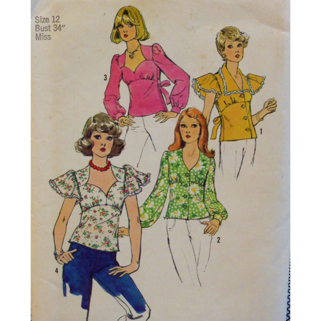 70s Boho Sweetheart Blouse Pattern, Open V-neck, High Waist, Long ...