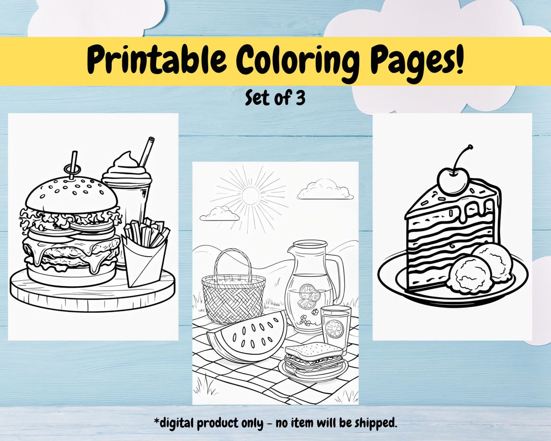 Printable Food Themed Coloring Pages - Set of 3, Coloring Pages for ...