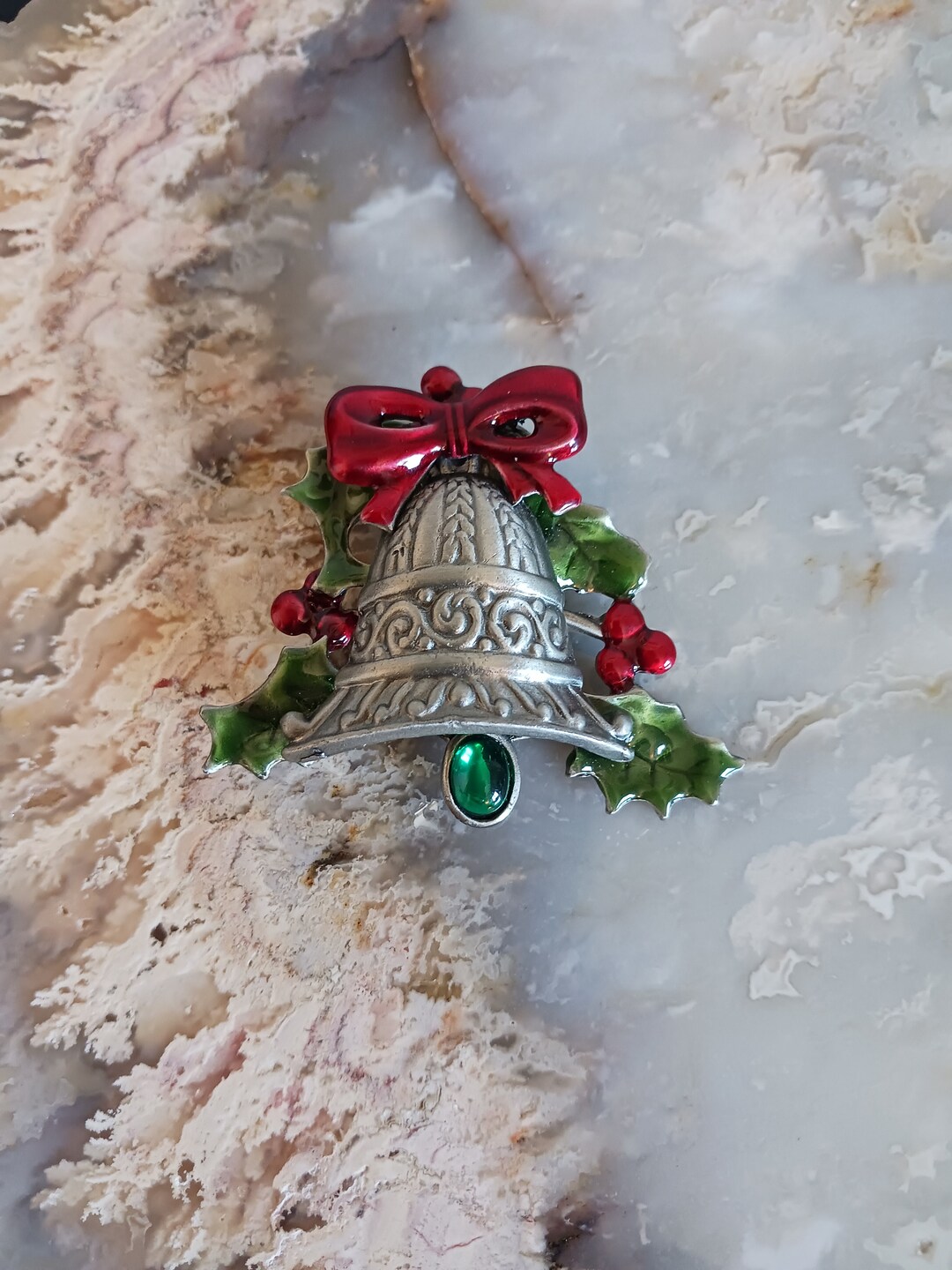 Christmas Bell Large With Enamel Paints and Green Glass - Etsy