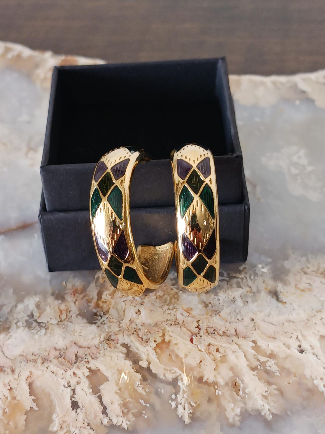 Edgar Berebi Hoop Gold Black and Green Vintage Earrings - Etsy