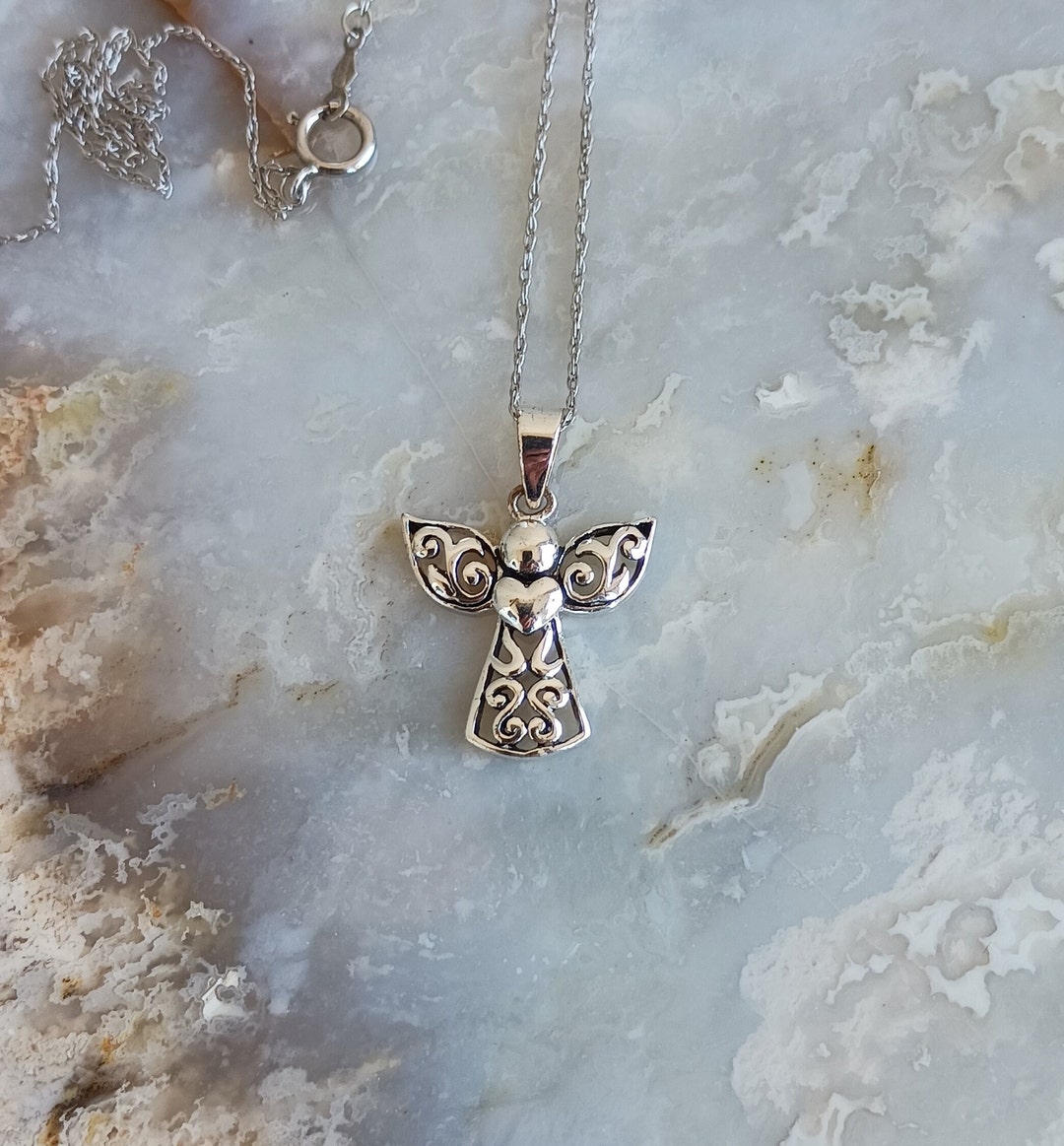 Angel Sterling Silver Filigree With Heart Pendant Vintage Necklace - Etsy