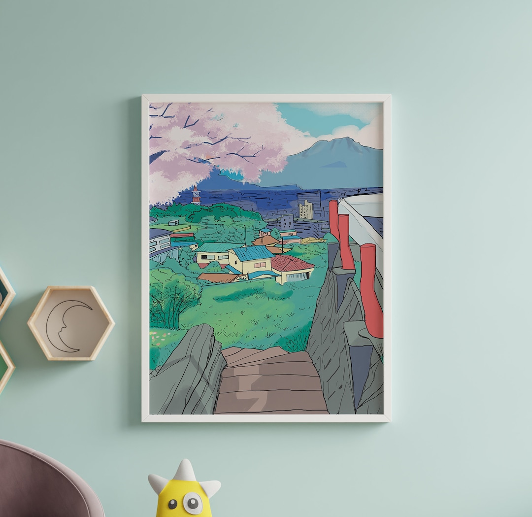 Japan Village Wall Art Print | Itomori Cherry Blossom Aesthetic Anime ...