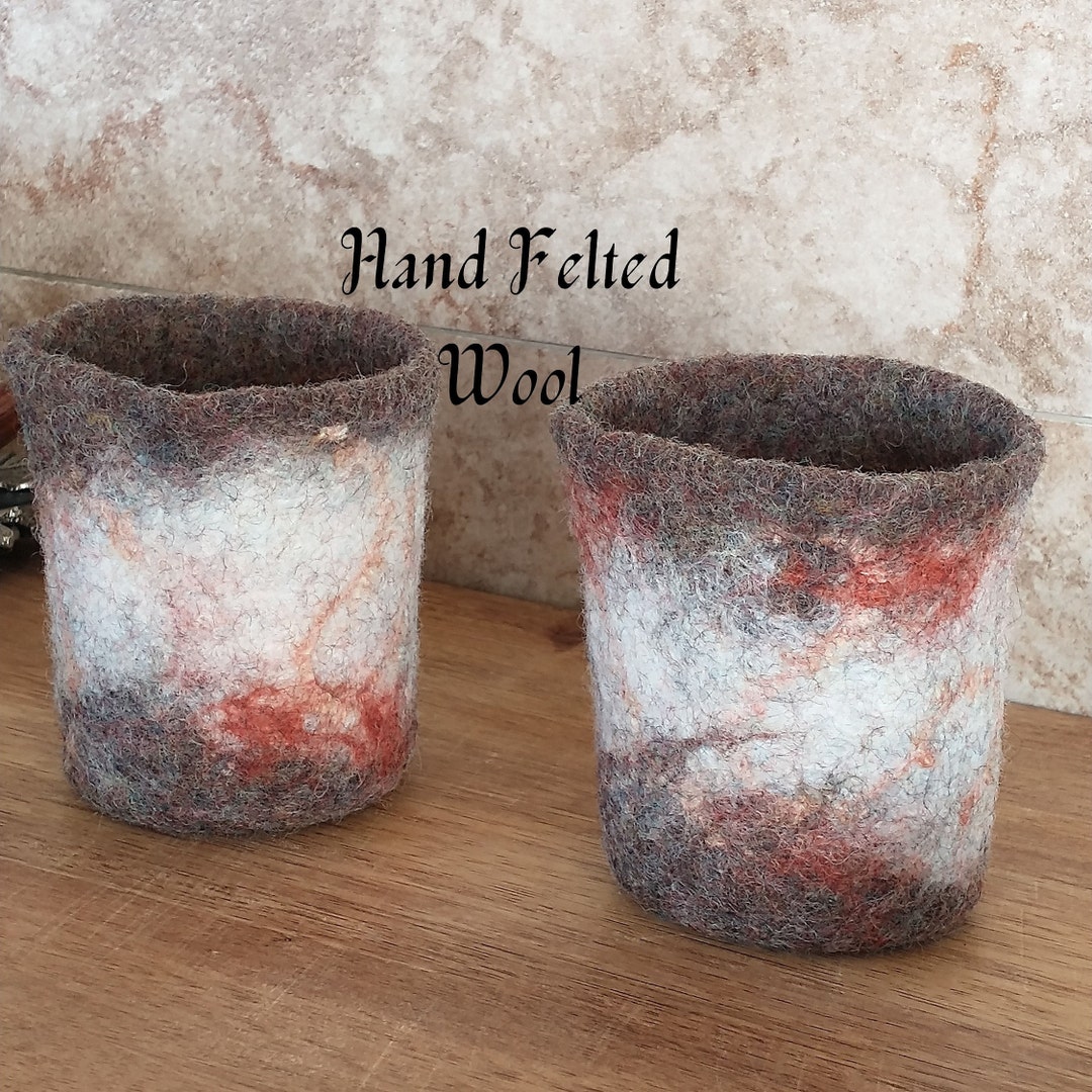 Wool Pottery Set, Candle Holders Wool, Felt Vase Brown, Wool Vessel ...