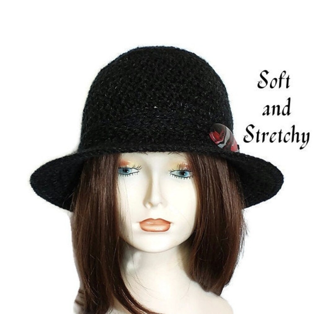 Black Cloche Hat, Fall Hat Women, Crochet Wide Brim Hat, Woman Autumn ...