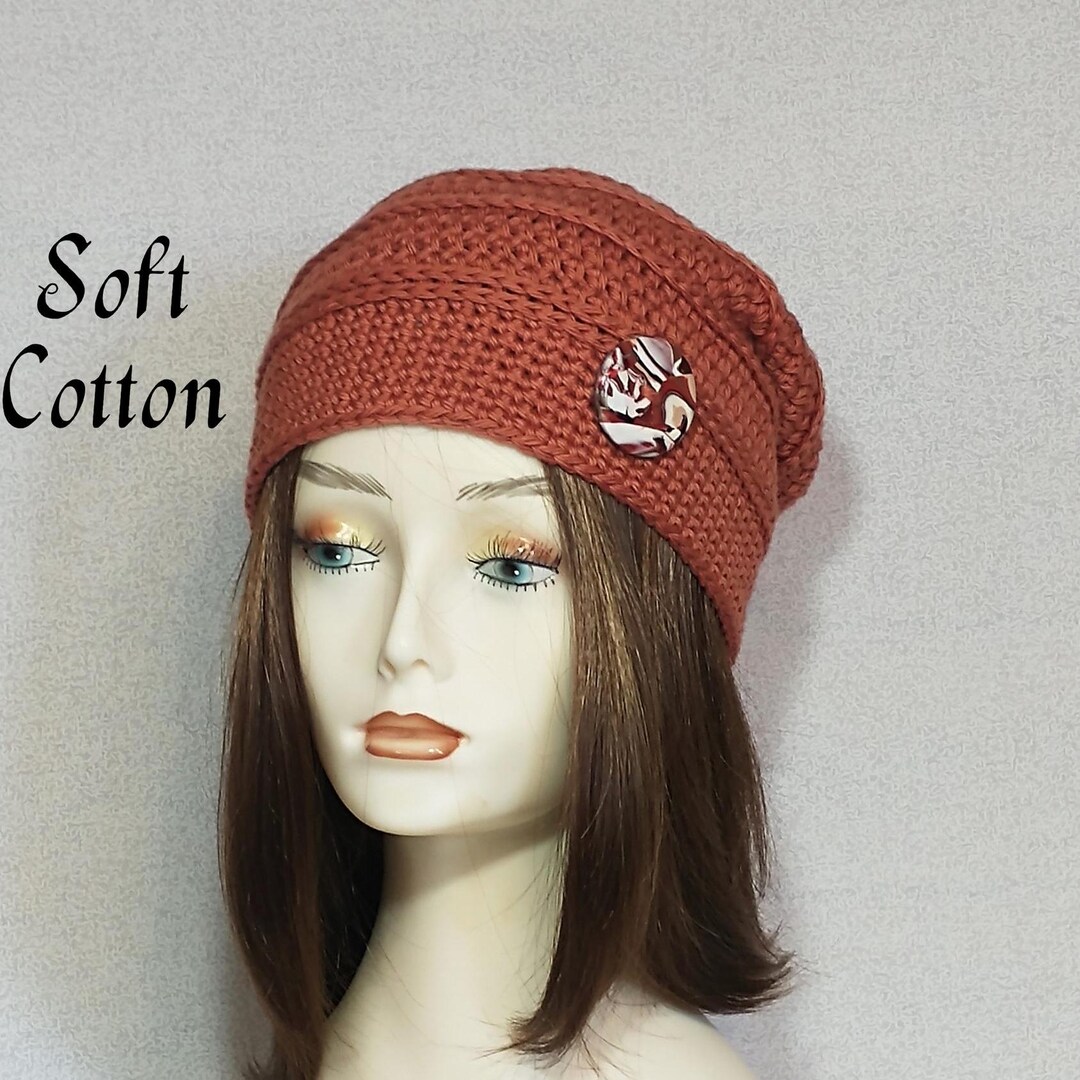 Crochet Cotton Slouch Beanie, Cinnamon Color 412, Polymer Clay Button ...