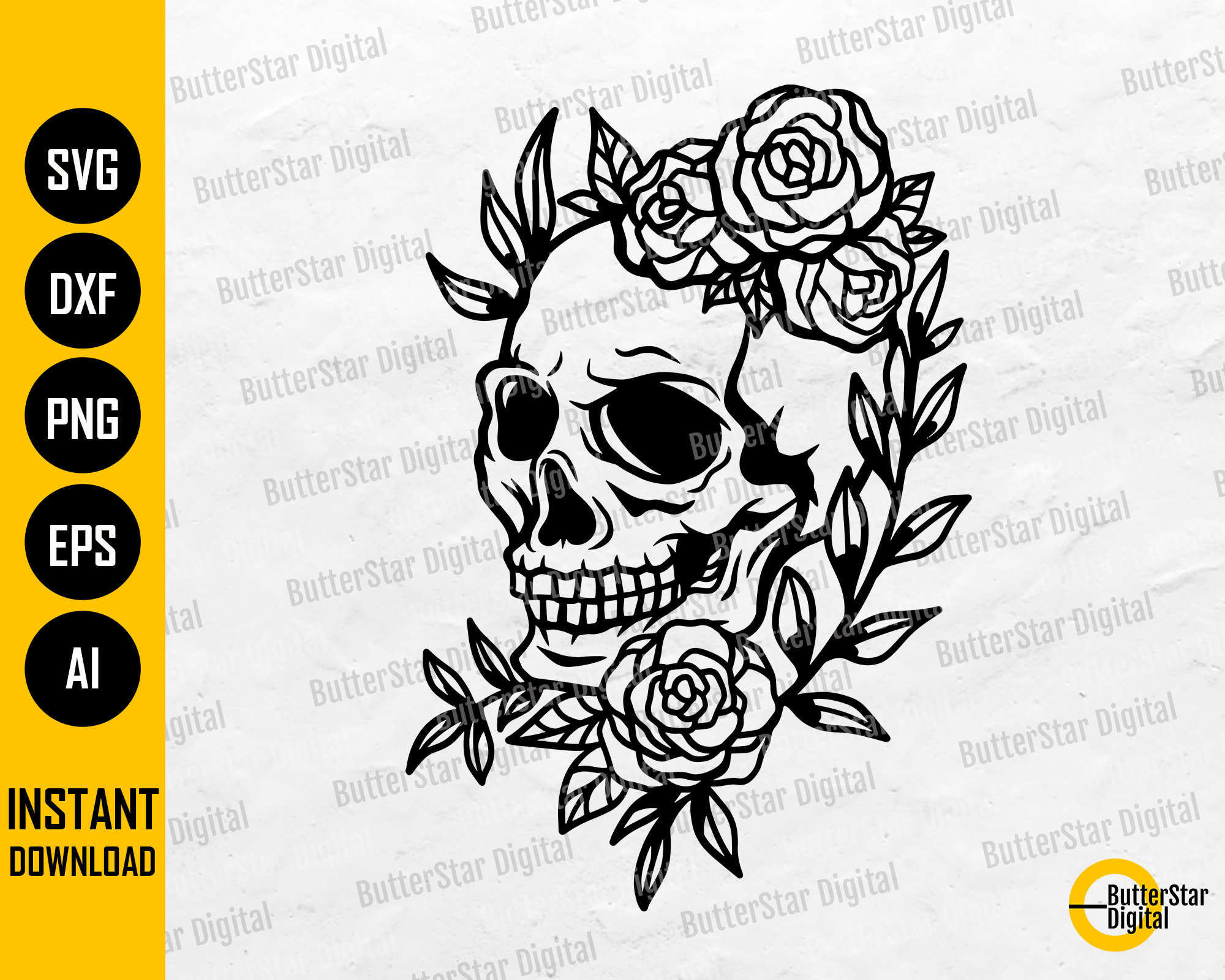 Flower Skull SVG | Floral Skeleton SVG | Gothic T-shirt Decal Tattoo ...