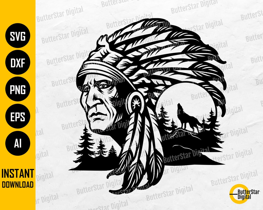 Native American SVG | Village Chief Head Dress Feathers Tribe Tattoo T ...