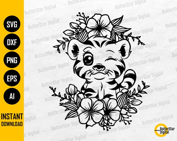 Floral Tiger Cub SVG Cute Tiger SVG Animal With Flowers - Etsy