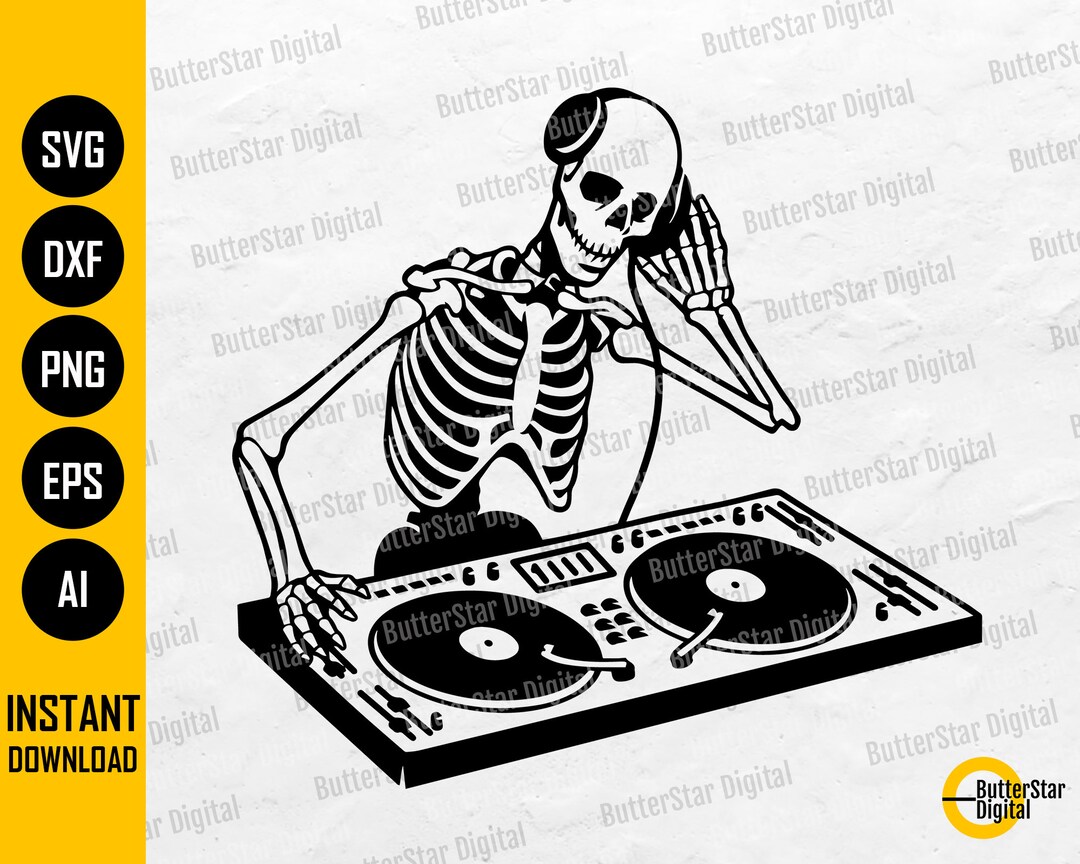Skeleton DJ SVG | Party SVG | Rave Music Fest Headset Turntable Mixer ...