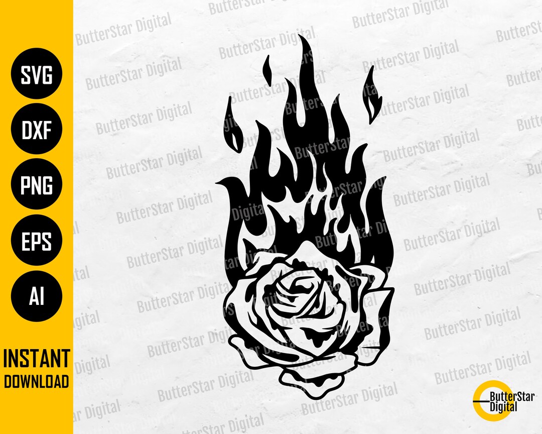 Flaming Rose SVG | Cute Flower Traditional Tattoo Decals T-shirt ...