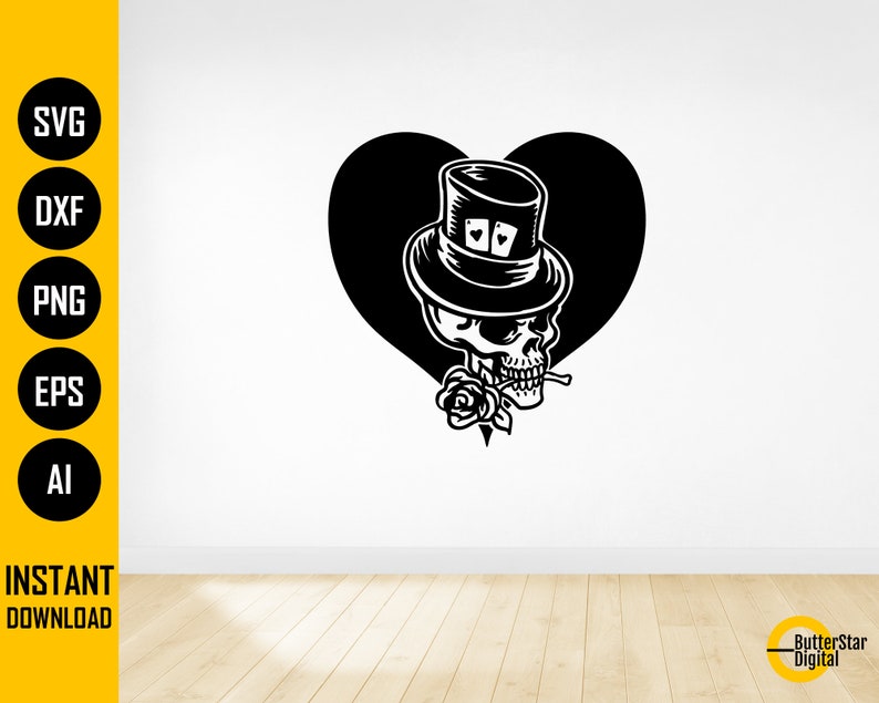 Heart Skull SVG Skull With Top Hat SVG Playing Cards Decal - Etsy