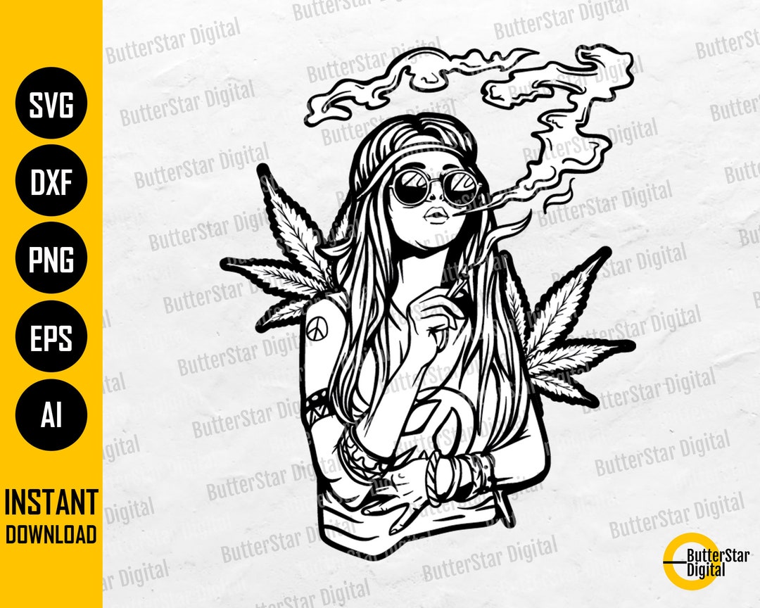 Hippie Girl Smoking Weed SVG / Smoke Marijuana SVG / Hippy Shirt Clipart Graphic Decal / Cutting ...