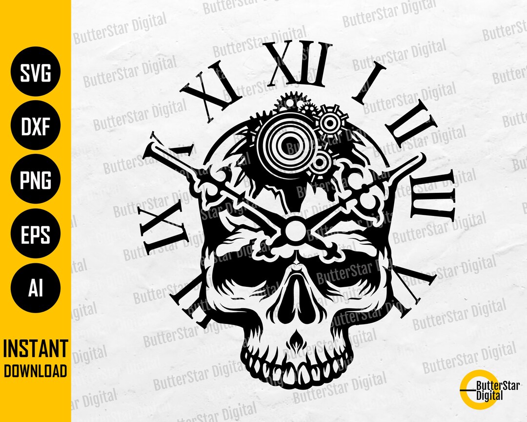 Clock Skull SVG Gothic SVG Time Wall Decoration Vinyl Stencil Tattoo ...