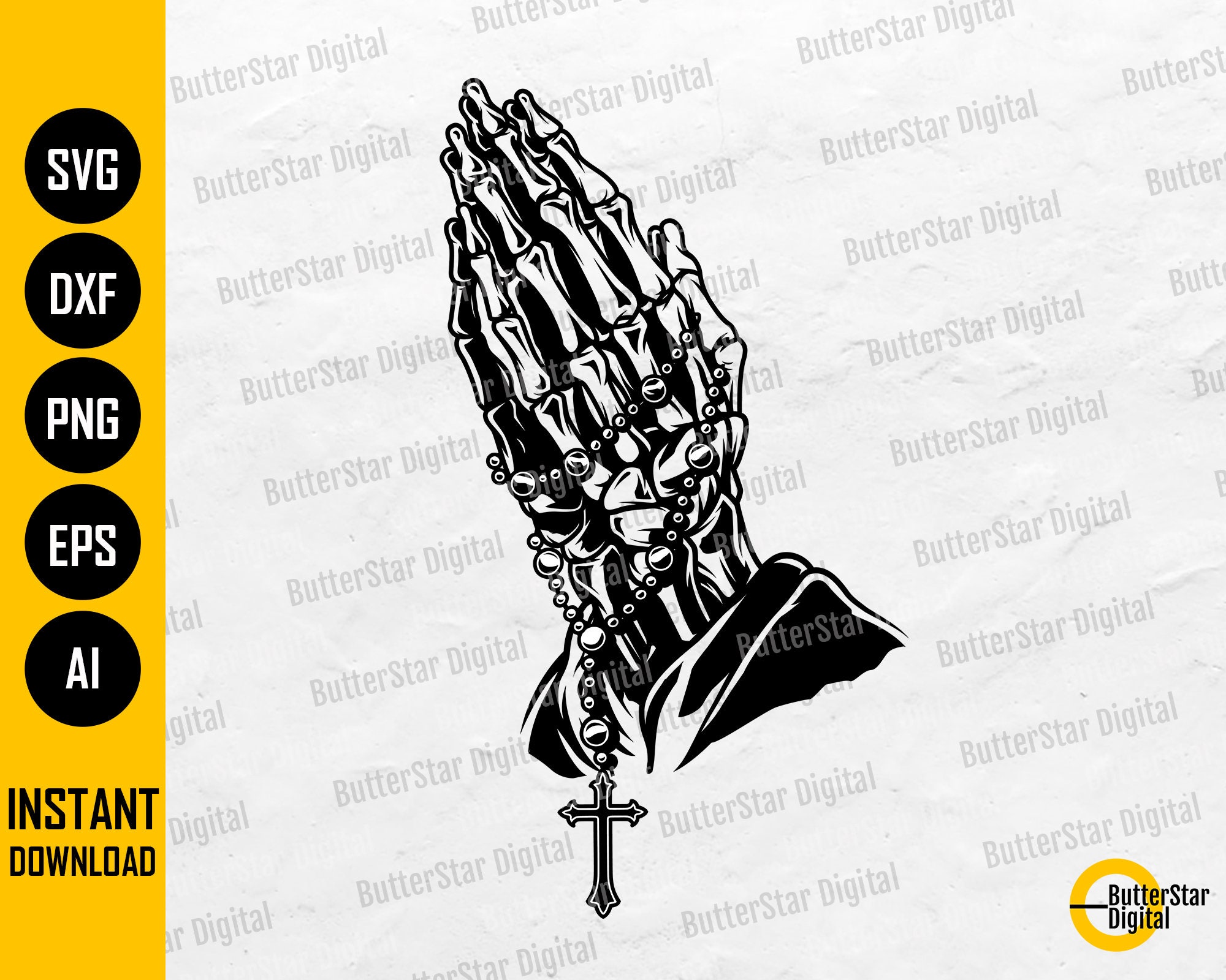Praying Skeleton Hands With Rosary Svg Cross Svg Prayer Etsy Uk
