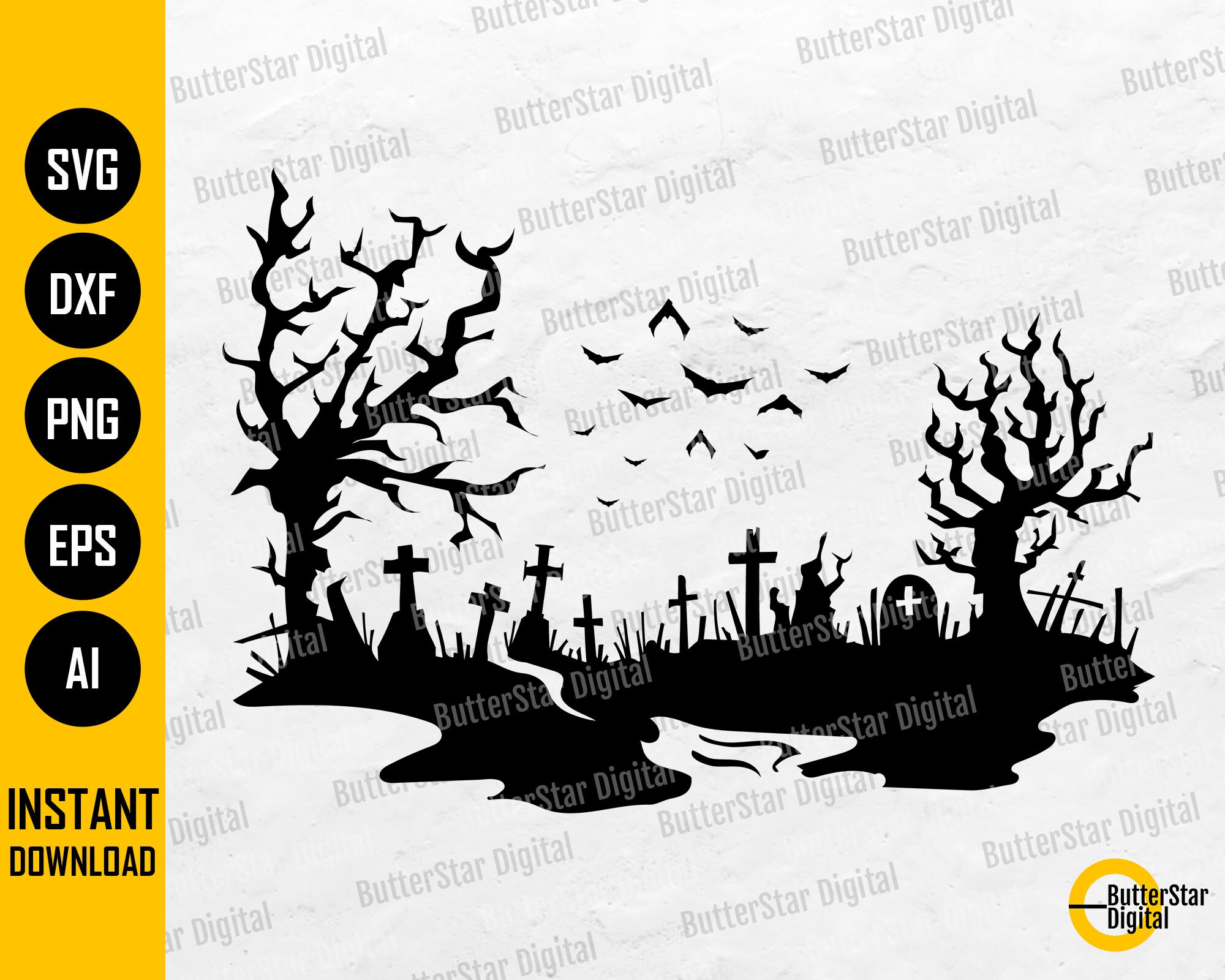 Graveyard Silhouette SVG | Spooky Forest SVG | Halloween Wall Art Decal ...