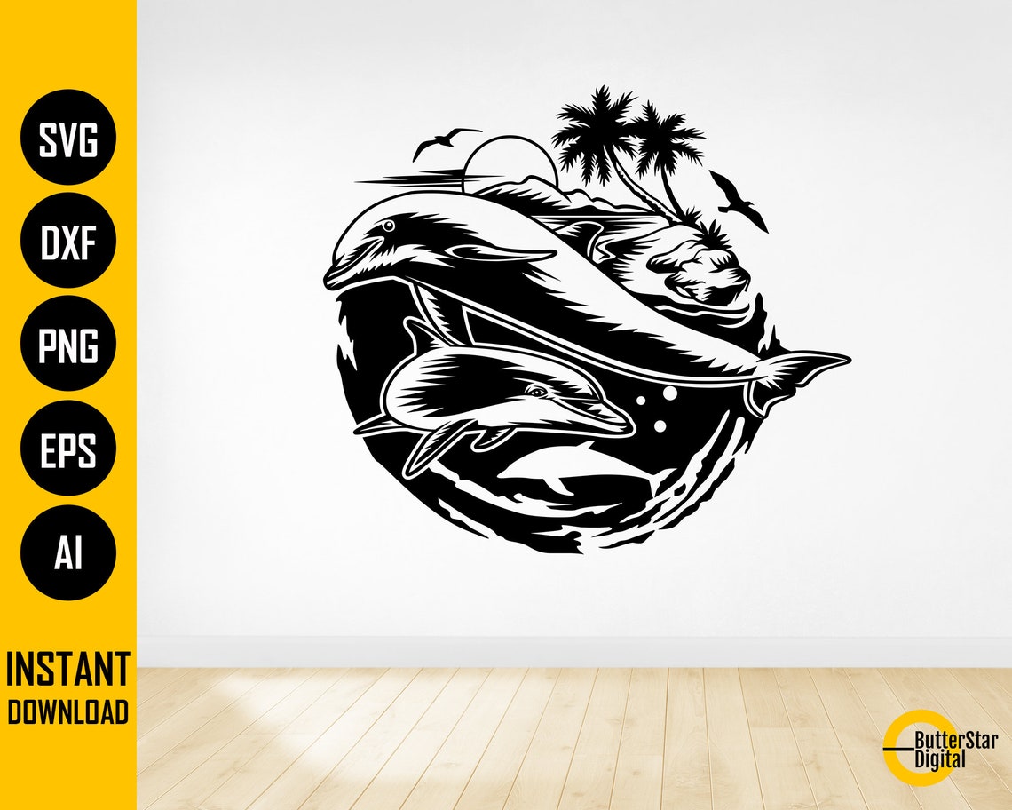 Dolphin Scene SVG | Tropical Island SVG | Beach T-shirt Decals Stencil ...