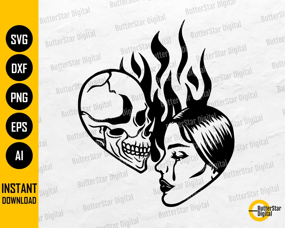 Skull With Crying Woman Flaming Heart SVG | Depressed Cry Tears Fire ...