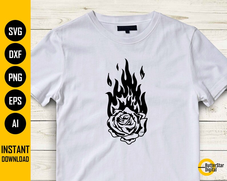Flaming Rose SVG | Cute Flower Traditional Tattoo Decals T-shirt ...