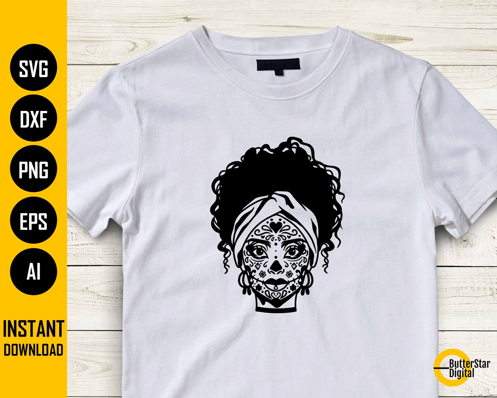 Curly Sugar Skull Woman SVG | Calavera SVG | Catrina SVG | Mexican ...