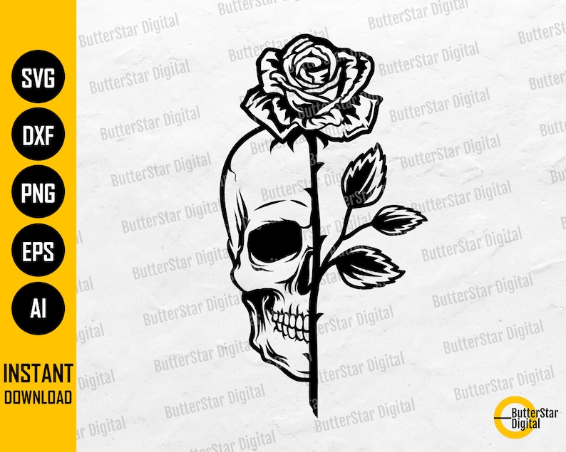 Long Stem Rose Skull SVG | Flower Tattoo Stencil Decal T-shirt Wall Art ...