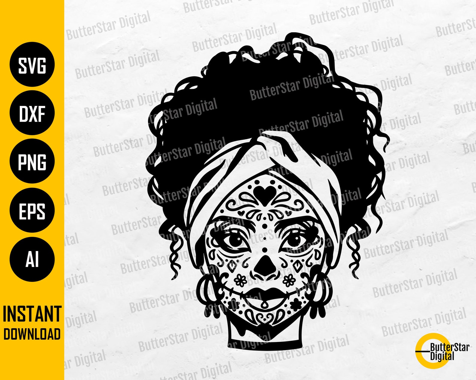 Curly Sugar Skull Woman SVG | Calavera SVG | Catrina SVG | Mexican ...