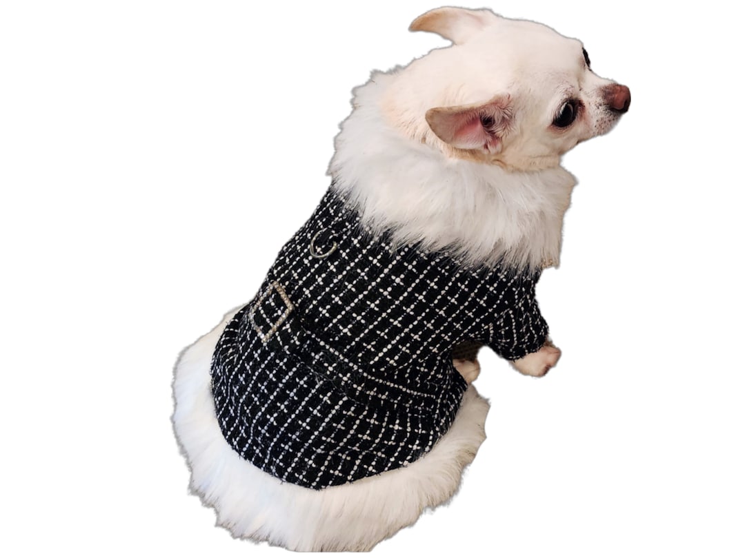 Dog Coat, Black Diamond Faux Fur Dog Coat, Tweed Dog Coat, Dog Clothing ...