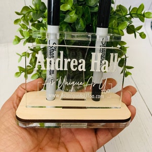 Personalized Desk Pen Holder, Engraved Acrylic With Wood, Office Gift ...