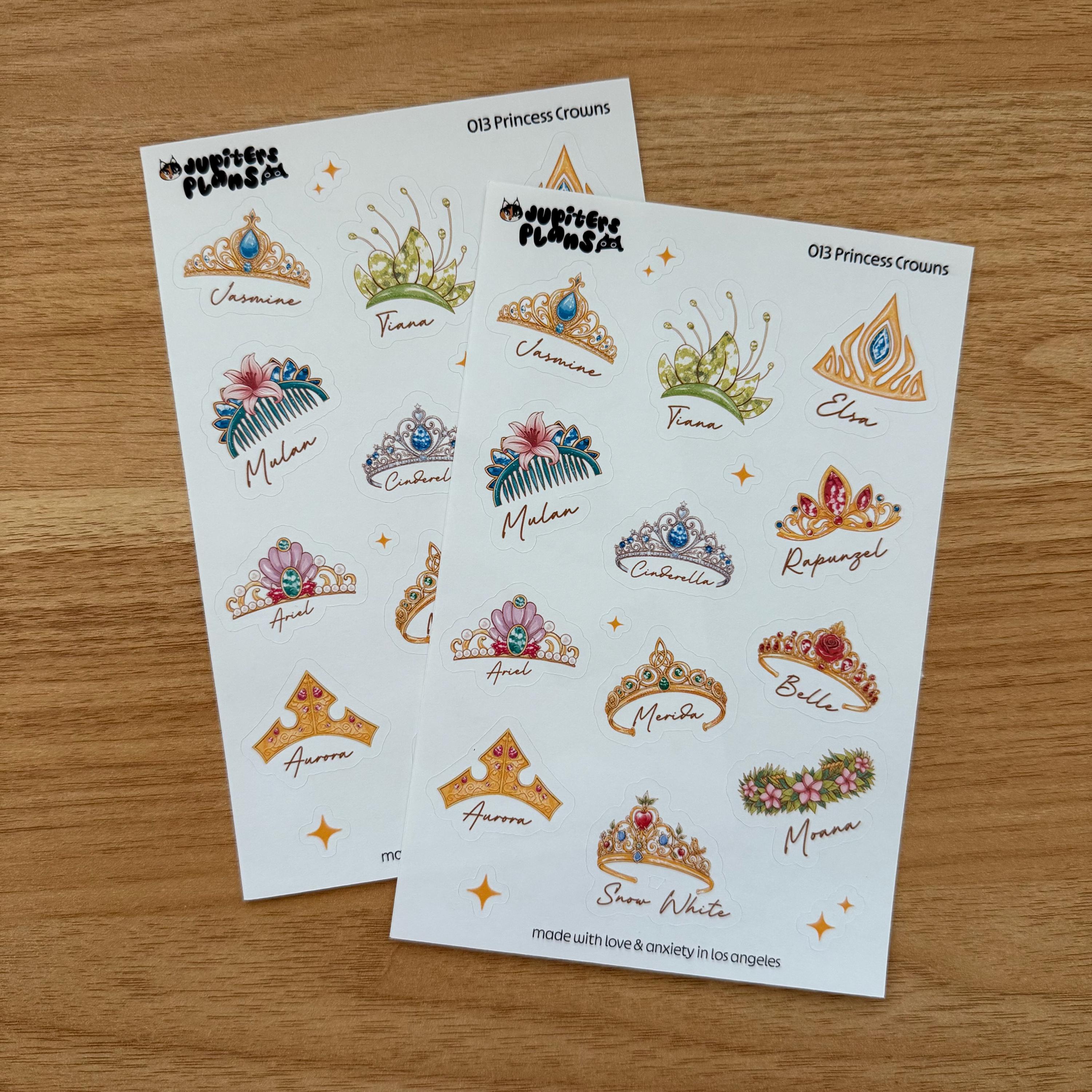 Disney Princess Crowns Sticker Sheet | Elsa, Moana, Cinderella, Tiana ...