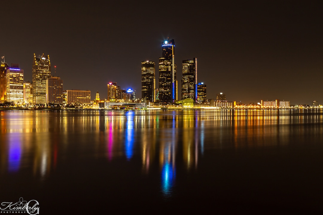 Detroit River Skyline Nightscape | Detroit River | Landscape ...