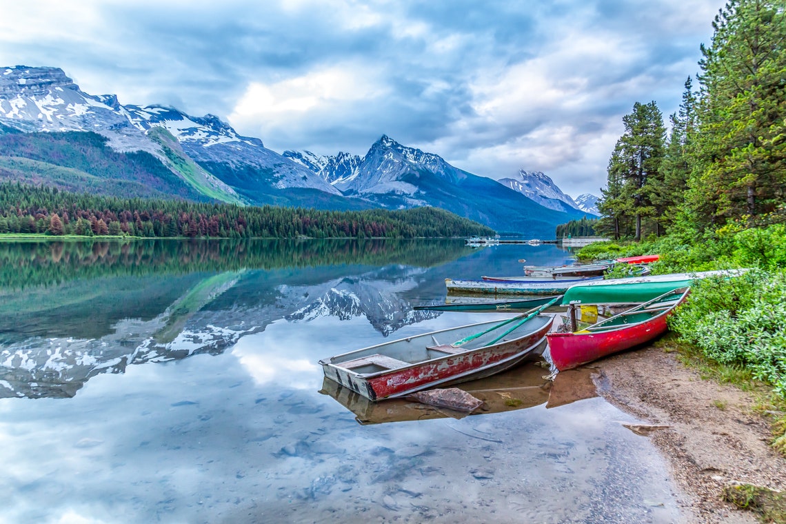Maligne Lake | Jasper Alberta | Mountain Reflection | Red Canoe on the ...