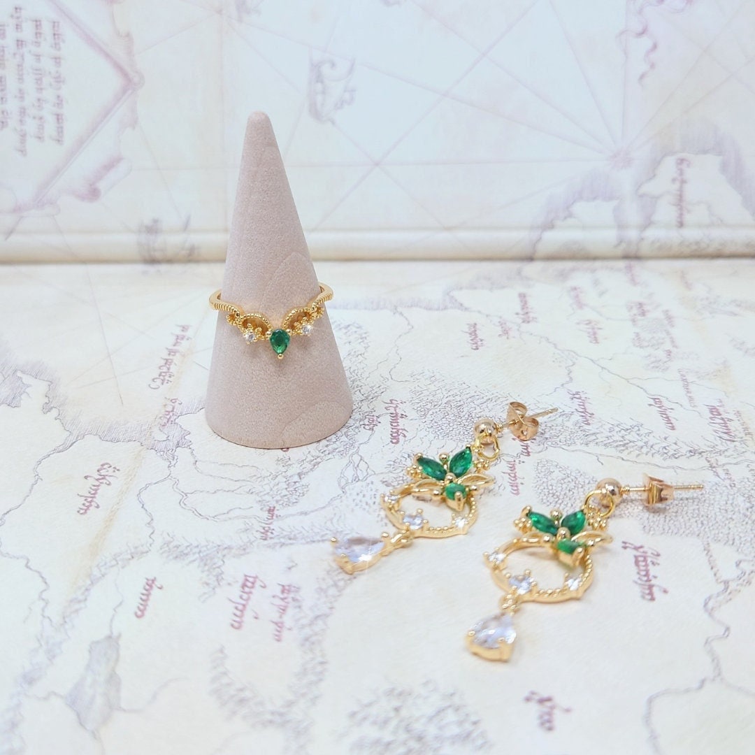 Fantasy Elven Ring & Earrings Rivendell Elf Jewelry Emerald Crown Ring ...