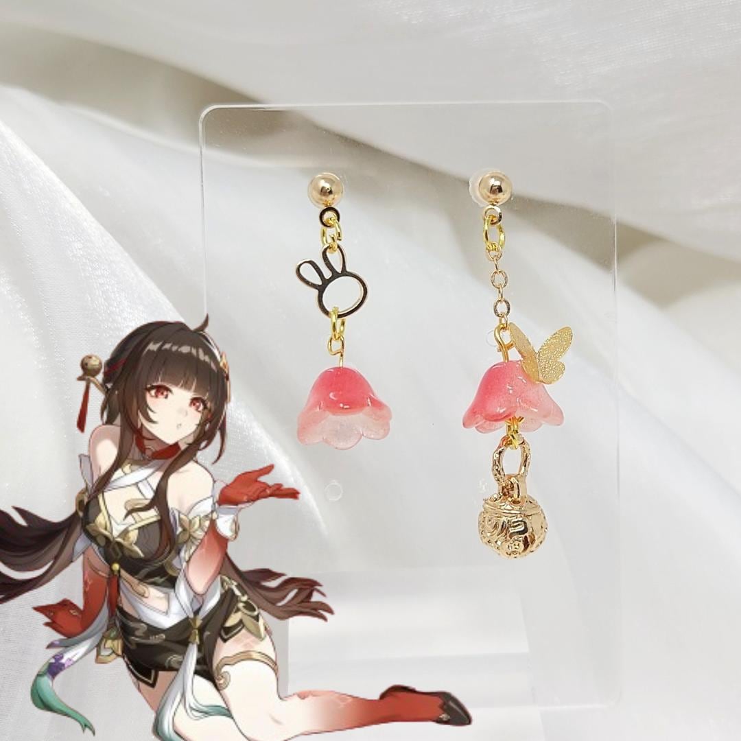 HSR Lingsha Earrings Honkai Star Rail Merch Red Flower Gold Bell ...