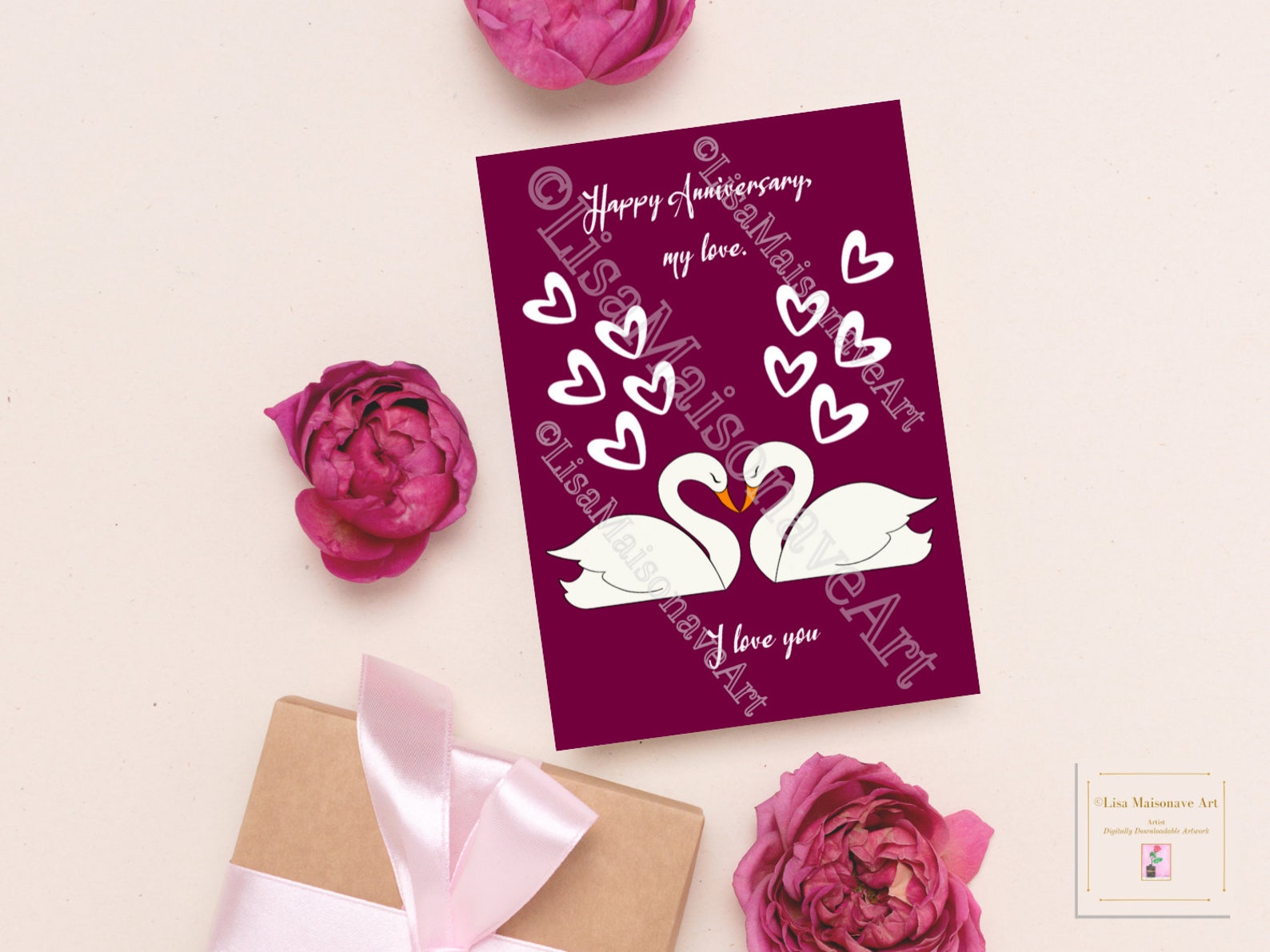 Printable Anniversary Card, INSTANT DOWNLOAD, Kissing Swans, Card for Boyfriend, Card for ...