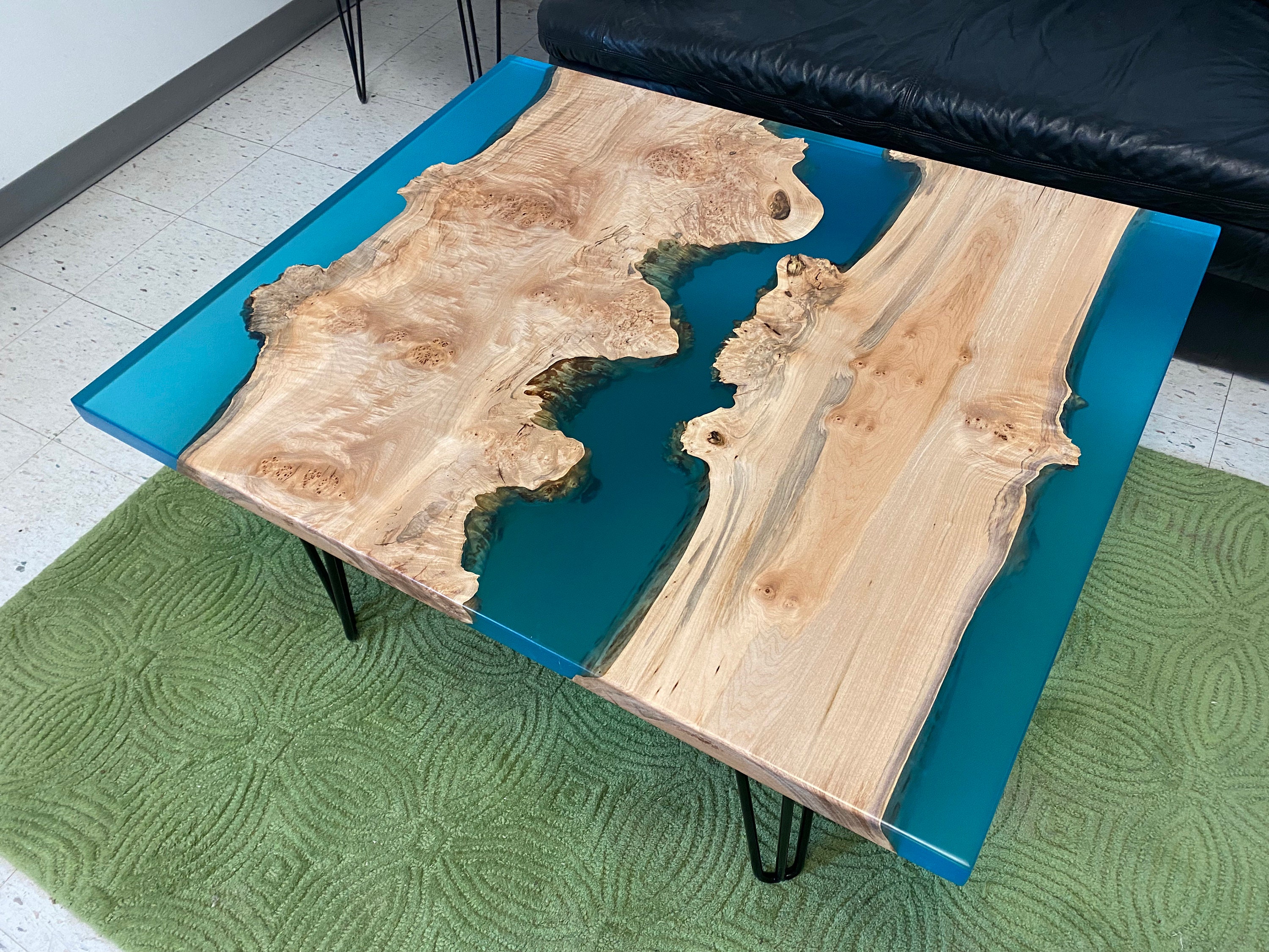 Live Edge Big Leaf Maple Burl River Coffee Table With Translucent Blue ...