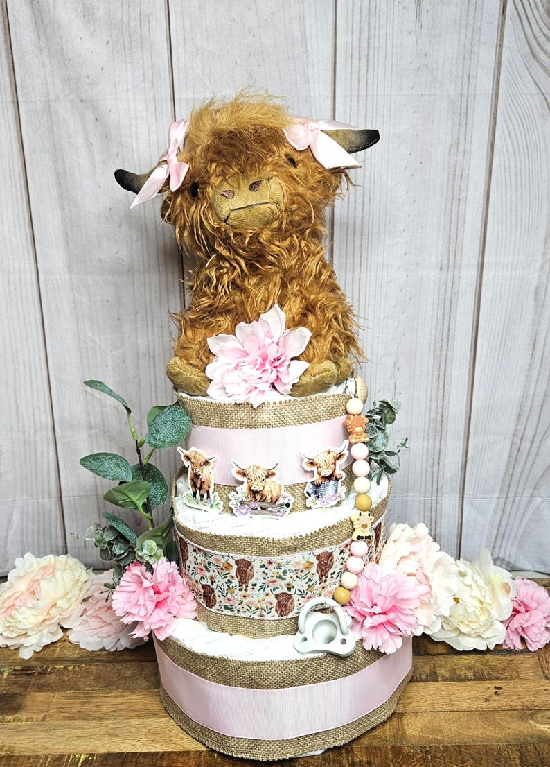 Highland Cow Diaper Cake for Girls: Boho Baby Shower Centerpiece - Etsy
