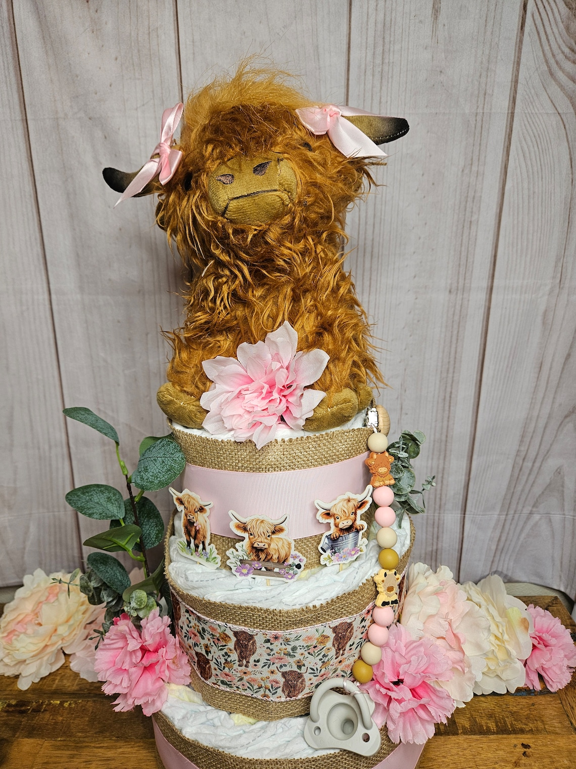 Highland Cow Diaper Cake for Girls: Boho Baby Shower Centerpiece - Etsy