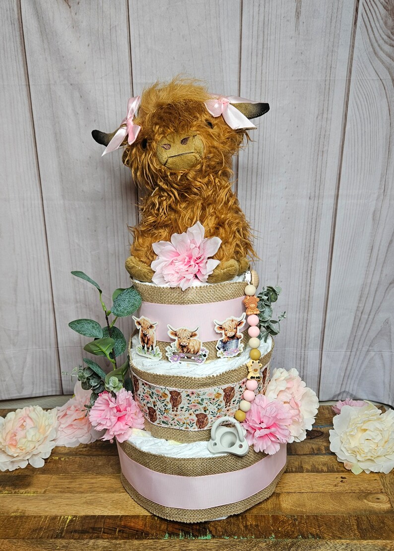 Highland Cow Diaper Cake for Girls: Boho Baby Shower Centerpiece - Etsy