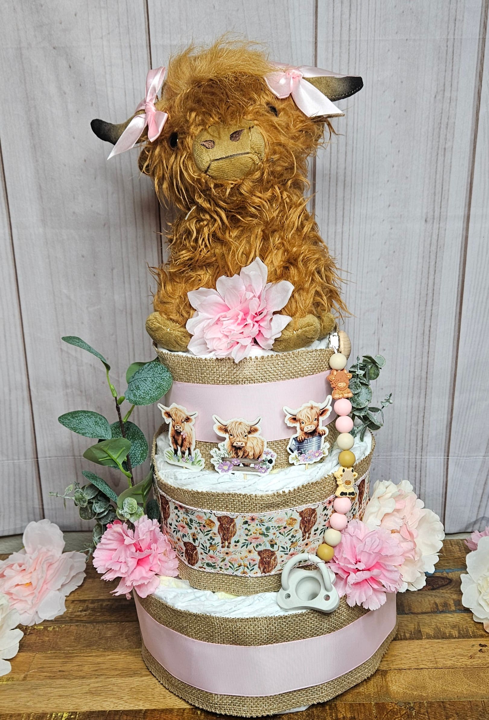 Highland Cow Diaper Cake for Girls: Boho Baby Shower Centerpiece - Etsy
