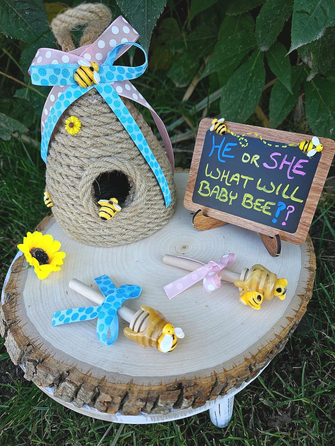 Bee Gender Reveal Decor: Handmade Beehive, Honey Dippers & Chalkboard ...