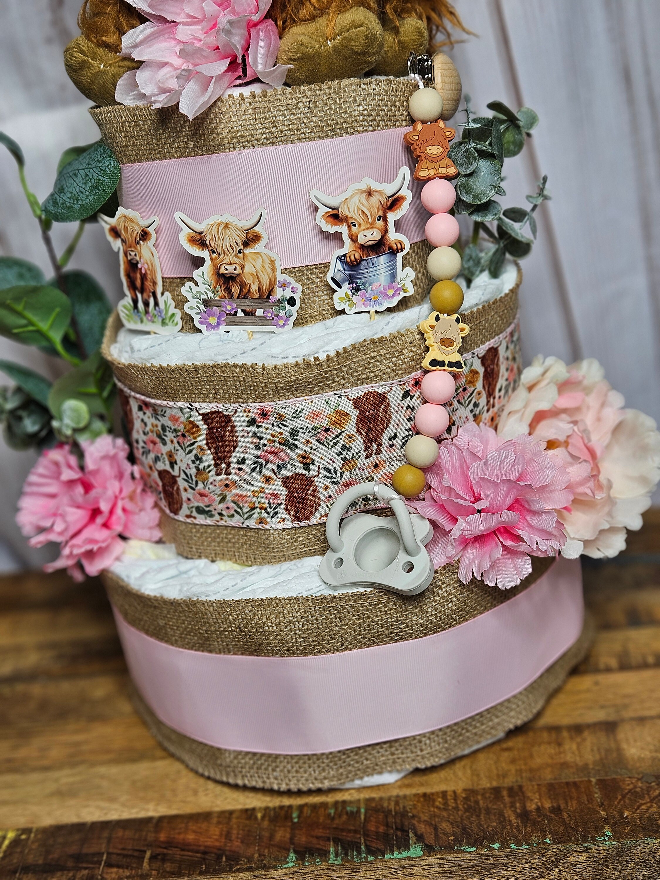 Highland Cow Diaper Cake for Girls: Boho Baby Shower Centerpiece - Etsy