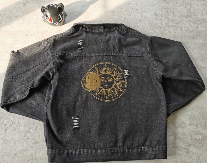 Black Denim Jacket Pagan Celestial Coat Sun Moon Gothic - Etsy UK