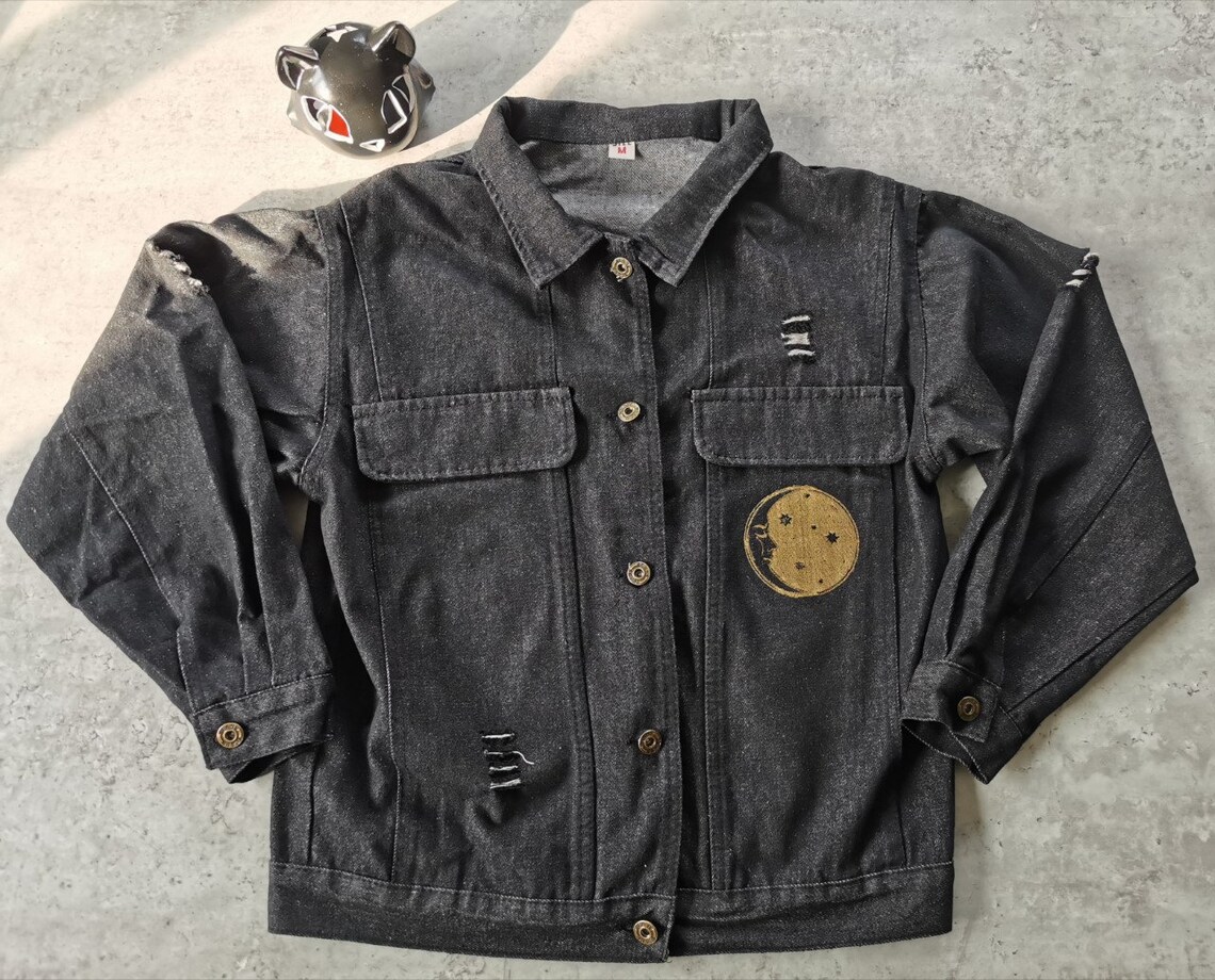 Black Denim Jacket Pagan Celestial Coat Sun Moon Gothic - Etsy UK