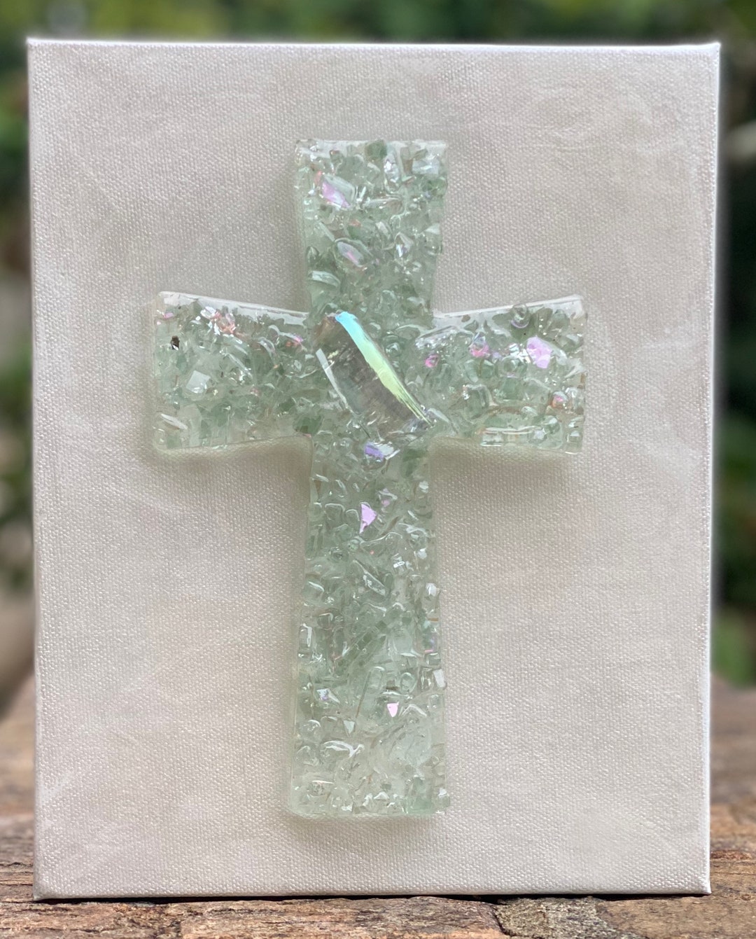 Solex Iridescent Glass Cross on Light Gray Resined Background - Etsy